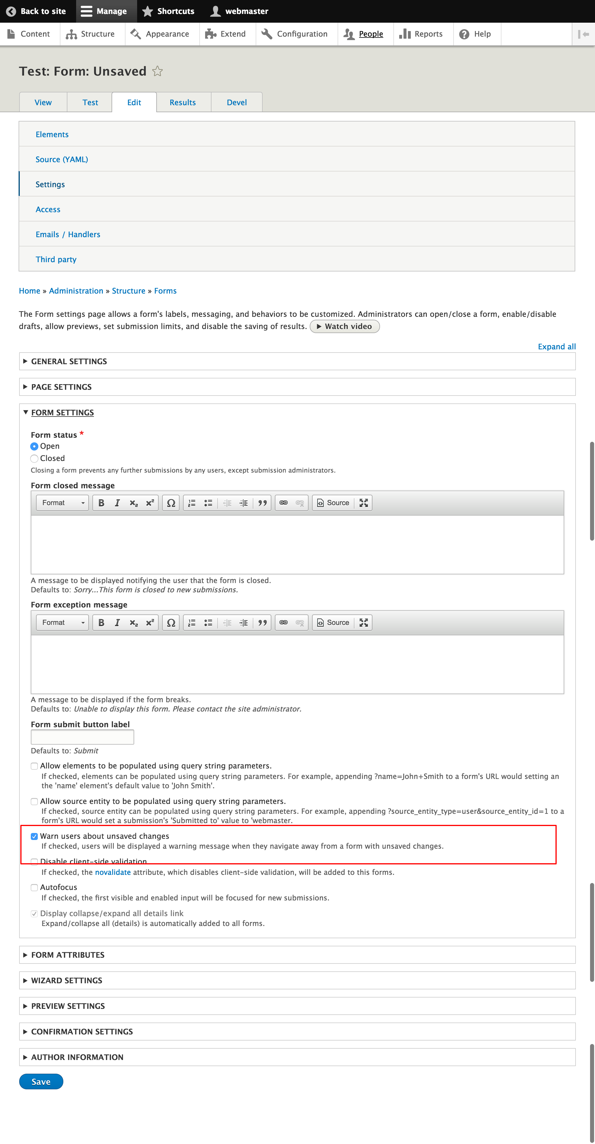 Alert for unsaved changes in form [#2826973] | Drupal.org